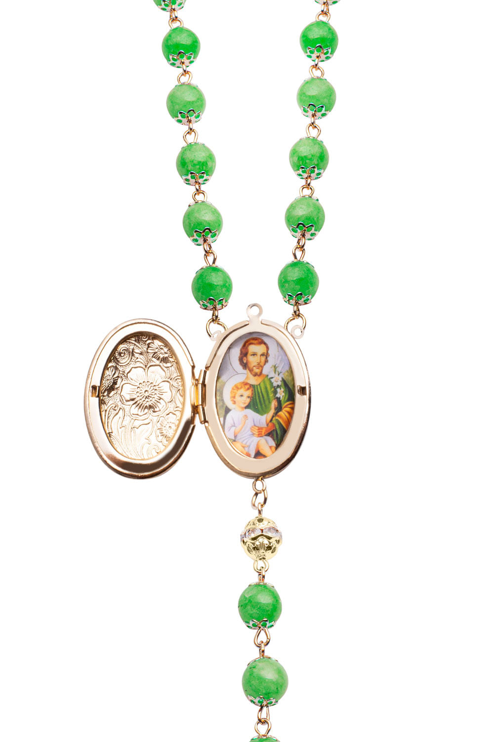 Terço Ágata Verde 10 mm Com Relicário Oval São José - agnusdei